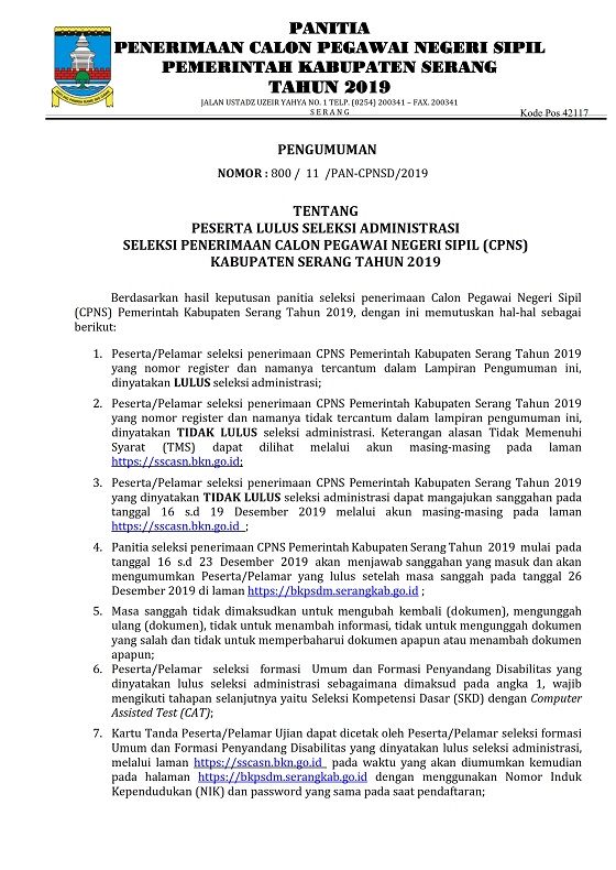 PENGUMUMAN PESERTA LULUS ADMINISTRASI SELEKSI CPNS PEMERINTAH KABUPATEN ... PENGUMUMAN PESERTA LULUS ADMINISTRASI SELEKSI CPNS PEMERINTAH KABUPATEN ...